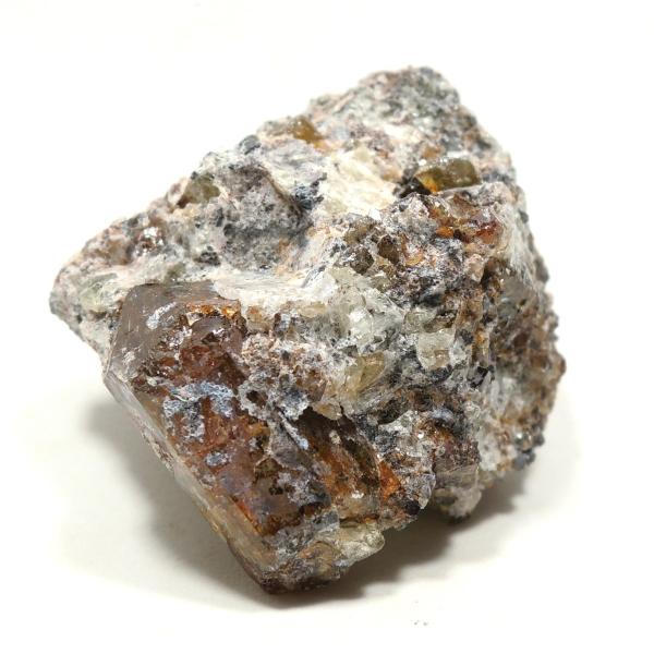 フルオロアパタイト(弗素燐灰石)の標本。母岩付きです。元の結晶の色は緑色を帯びた黄色ですが、不純物のためこちらの標本は茶色になっています。元の色を考慮し、商品名は「イエローアパタイト」としています。リン酸塩鉱物の一種で、六角柱状や板状の結晶...