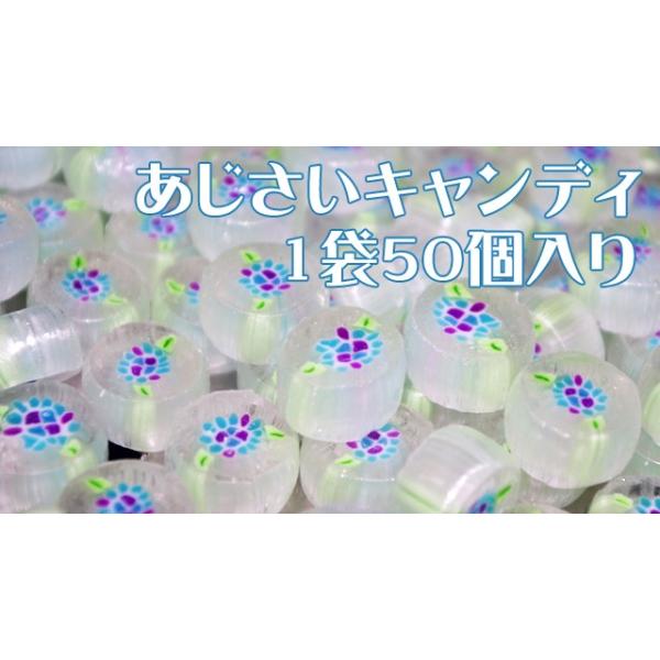 あじさいキャンディ50個入り（個別包装）×1袋。グレープ味です。1個あたりの飴のサイズ：直径　約2cm、厚さ　約1cm※あじさいキャンディは手作りの『細工飴』となります。色の濃さや顔の表情に個体差がありますことをあらかじめご了承願います。※...