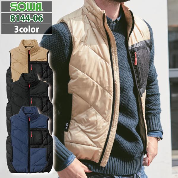 「8144-06防寒ベスト」・メーカー：桑和・秋冬用・混率：表/ポリエステル100%・裏/ポリエステル100%・中綿/ポリエステル100%・樹脂ファスナー・機能：キルト加工・引手ロゴ・胸ファスナーポケット・裾パイピング・サイズ：M・L・LL...