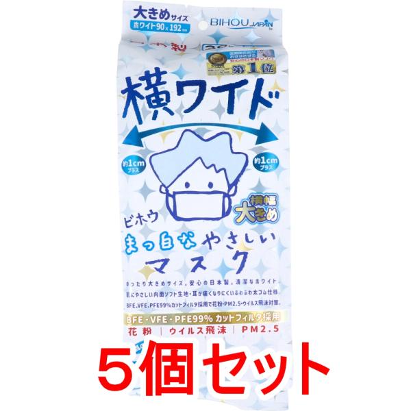 5個セットの販売です。ゆったり大きめサイズ！大きめが欲しい方に、横ワイドサイズ！通常より幅を約2cmプラス！頬までしっかり覆います。大きいサイズや安心感をお求めの方に！●安心の日本製。●清潔な個包装： 携帯に便利！お出かけにも。●肌あたりや...