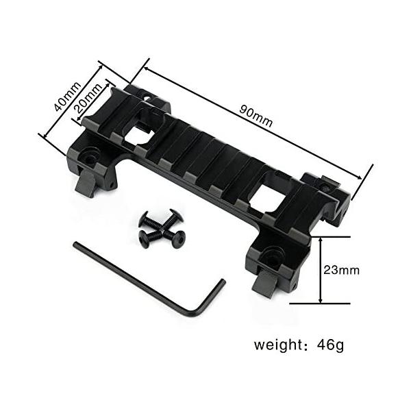 本体は軽量なアルミ製で、がっちりと取り付ける事ができます。MP5/G3系はフレームが開くという共通の弱点を抱えていますが、このマウントによりある程度の補強が 可能となっています。非常に低い位置に光学機器を搭載可能なので、高さによる誤差が出に...