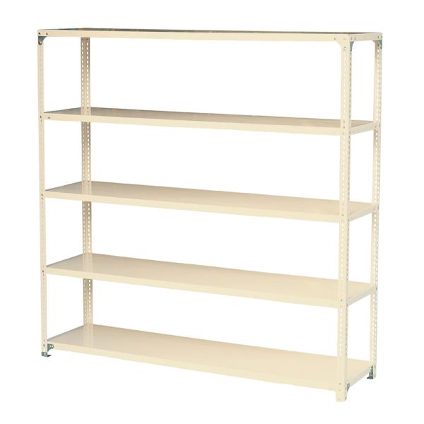 大きな物の収納に。倉庫や工場の物品棚、オフィスの書類棚等の収納に最適。間口180cm×奥行45cm×高さ180cm。棚板5段タイプ。耐荷重(静置平均荷重)100kg/段。・L型の柱アングルにスチール棚板をビス、ナットで固定する一般的なアング...