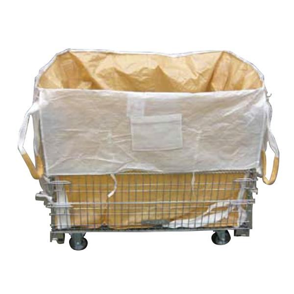 2000リットルメッシュボックス(ボックスパレット)用商品特徴サンキン、マキテック、テイモーのボックスパレット(1,500W×1,100D×1,100H)にジャストフィットするレギュラー生地タイプのフレコン。形状は角型4点ベルト。投入口は1...