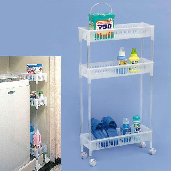 材質：棚＝ポリプロピレン　　　柱＝スチロール　　　キャスター＝ナイロンサイズ：506×176×945Hmm自社(蝶プラ工業)製造直販です♪軽くて動かしやすい！わずかなすきまにフット！洗濯機サイドラック・洗面所・すき間収納！　　