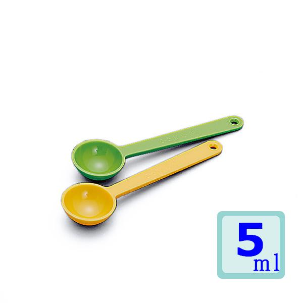 柄の長い軽くて丈夫な計量スプーン!!材質：スチロール容量：5ｍLサイズ：120×33ｍｍ色：グリーン，イエロー本数：1本自社(蝶プラ工業)製造直販です♪