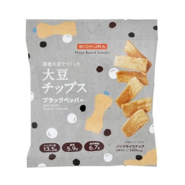 ■商品名：大豆チップス ブラックペッパー■内容量：35g■メーカー：BIOKURA■賞味期限：製造日より1年■原材料：大豆（国産、分別生産流通管理済み）、米油、食塩、てんさい糖、昆布エキス、黒こしょうパウダー、わかめ粉末、酵母エキス、マイタ...