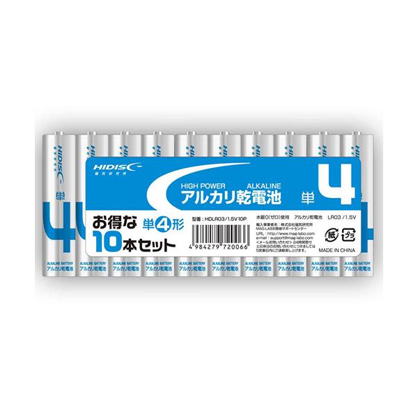 ●タイプ  アルカリ乾電池●形状 単4形●電圧 1.5V●寸法 約φ10.5×高さ44.5mm(1本)●質量  約11g(1本あたり)●JIS規格準拠●液漏れ防止構造●水銀0(ゼロ)使用●使用推奨期限5年