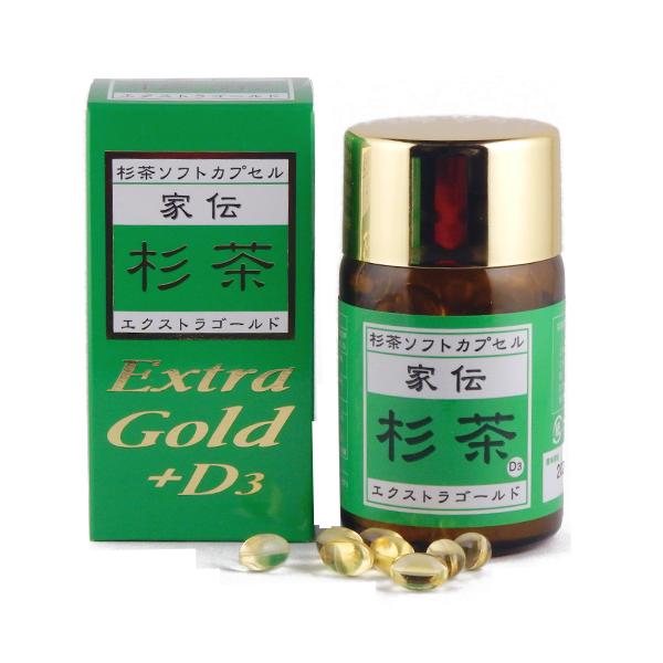「杉茶ソフトカプセル　エクストラゴールド＋D3」は、2000年の発売以来ロングセラーの「杉茶 ソフトカプセルEX」にビタミンD3を追加しました。日本人に不足していると言われるビタミンD3。このビタミンD3を補いやすくなるよう、杉茶ソフトカプ...