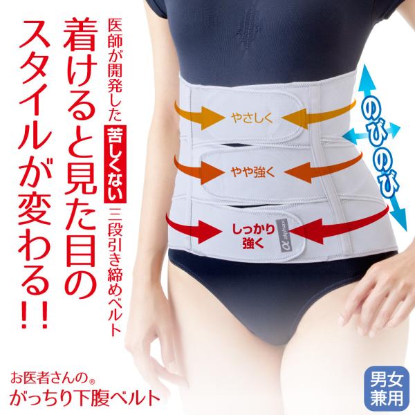 三段ベルトの特長・分割されているから腹部への圧迫感を軽減します。・胃に近い上段はやさしく、中段はやや強く、下腹の下段はしっかり強く締め付けられる強度の異なるベルト。・左右両側から締め付けるのでズレにくい。・食い込みや圧迫感を軽減するセパレー...