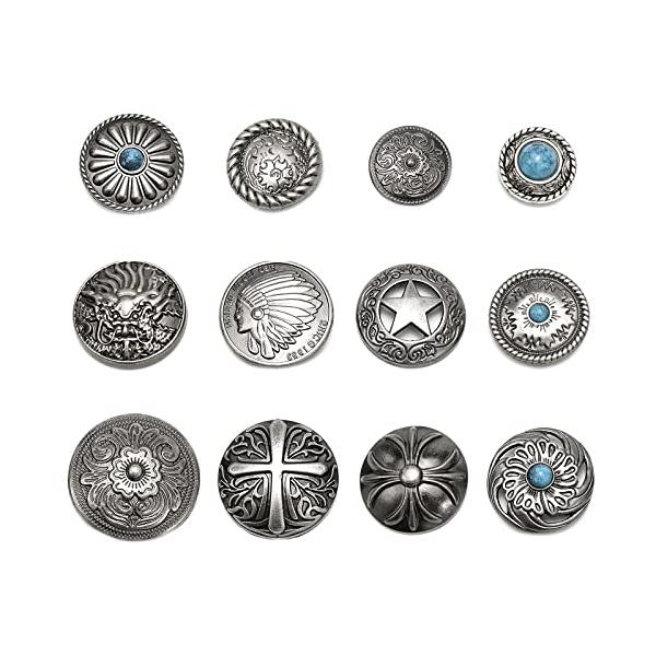アンティーク/直径約20mm〜32mm/-・サイズ：直径約20mm〜32mm。・DIYに最適：アンティーク風コンチョボタンを12種揃うセットです。・用途：留め具として、ネジを付属します。・広い適用：ネイティブ系の財布、ベルト、バック、キーホ...
