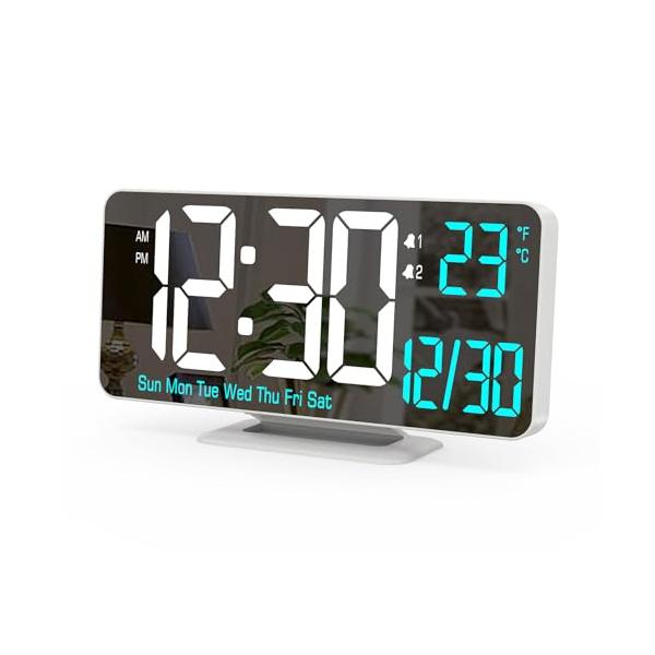 モダン青LED−白/中/ACD-330BL・Color:青LED-白・[6.7インチ ホワイト目覚まし時計] このスタイリッシュなLED置き時計は、ミラー時計スタイルの6.7インチディスプレイ、デュアルアラーム、12/24時間形式、日付、曜...