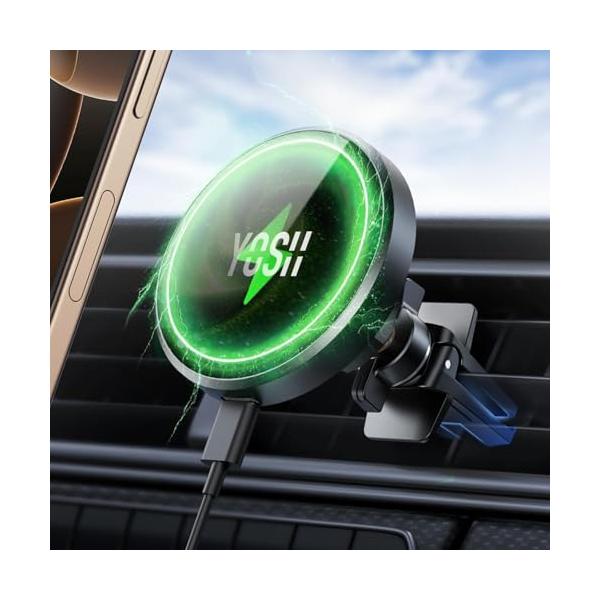 15W急速充電-エアコン吹き出し口-/-/JP-CH307-New・Model:JP-CH307-New・15W急速充電対応：YOSH Magsafe車載ホルダーは、最大15Wの磁気吸着ワイヤレス充電に対応しており、カスタム磁気シールドプレ...