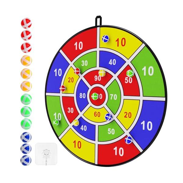 ?色とりどり/-/-・29インチ大型ダーツボードと12個の粘着ボール付き：このダーツボード玩具セットには、大型29インチ（約73cm）ボード1枚、粘着ボール12個（4色）、フック1個が含まれます。大型サイズなので命中率が高く、お子様や初心者...