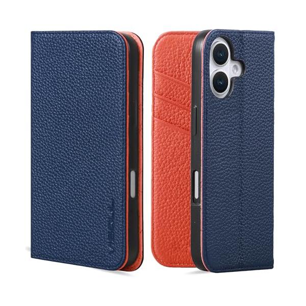 ネイビー・オレンジ（ライチ紋）/-/-・Color:ネイビー・オレンジ（ライチ紋）・携帯ケース対応、ワイヤレス充電対応:iPhone 16 6.1インチのみに対応しておりますが、他の型番が併用できません。対応機種と画面サイズをよくご確認のう...