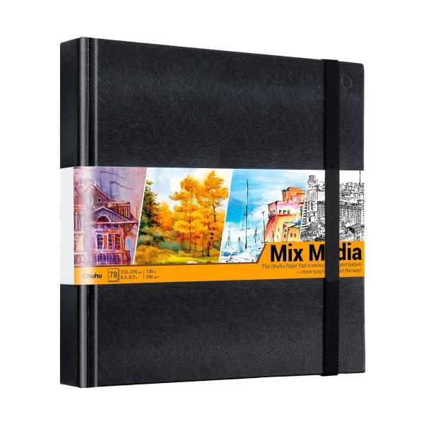 の中ホワイト/210×210mm/mixed media pad・パッケージ個数:1・ミックスメディアスケッチブック：200GSMの厚紙は、汚れや毛羽立ちを防ぐ機能を備えています。優れた靭性と耐久性が特徴で、紙の反りやしわを気にせず使用でき...