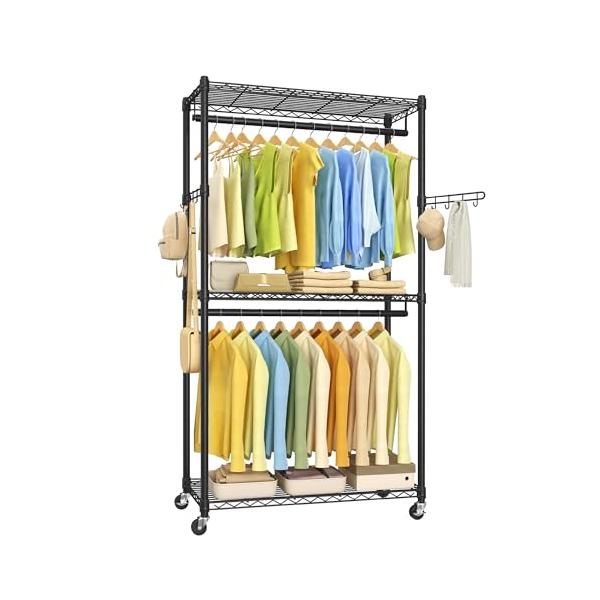 ミニマリストブラック/幅90x 奥行40x 高さ199 cm/LGR413B01・Size:幅90x 奥行40x 高さ199 cm・パッケージ個数:1・広々としたコンパクト設計2本のハンガーポール、3つの収納棚、2つのフック、さらに2つの追...