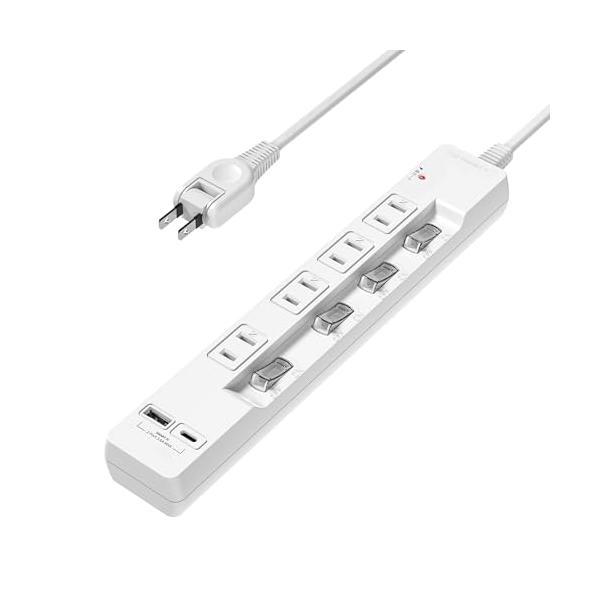 ホワイト/2m/DLE-S14KU・Size:2m・パッケージ個数:1・一台6役・USB付き・延長コード1つのUSB-Cポート、1つのUSB-Aポートと4つのAC差込口を搭載したマルチタップです。延長コードを採用し、コンセントから離れた場所...