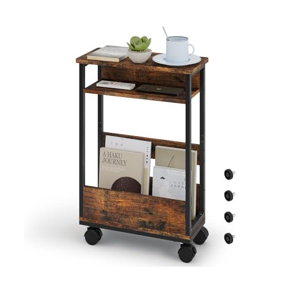 ブラウン/小型/WOWQ-C・Color:ブラウン・隙間収納ラックのスリムサイドテーブルサイズ：幅40cm;奥行き18cm;高さ55cmで重量：約4kg。耐荷重:約60kg。素材:スチール製 (フレーム)+高密度MDF木板。※日本語/英語組...