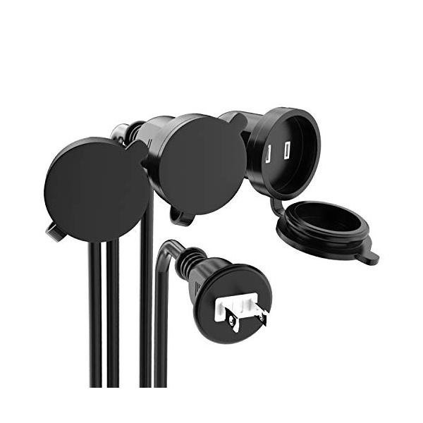 「製品仕様」VCTF2*1.25mm2、コード長：2m コンセント:3分配延長コード、防雨型コネクタ（キャップ付き）。・ACコンセントに差し込んで様々な125V/15A「最大合計1000W」以内のデバイスに対応できるAC電源延長ケーブルです...