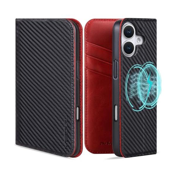 ブラック・レッド（カーボンレザー）/-/-・Color:ブラック・レッド（カーボンレザー）・携帯ケース対応、 MagSafe対応:iPhone 16 6.1インチのみに対応しておりますが、他の型番が併用できません。対応機種と画面サイズをよく...