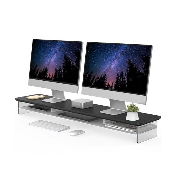 ブラック/幅108cm/-・Color:ブラックSize:幅108cm・アクリルの脚・浮いている空間モニタースタンドの脚は、透明なアクリル板を採用しており、解放感があります。さらに、デスクトップに浮いているような感覚を与えます。特に夜にはL...