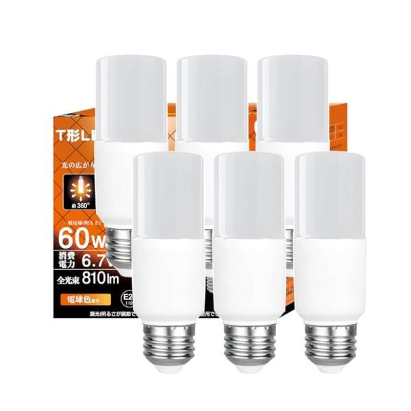 E26口金 60形 電球色/-/LDT8L27-G/S・Color:E26口金 60形 電球色・商品の入り数　6・消費電力：6.7W 100V(50/60Hz共用) 口金E26・電球形状サイズ：T形タイプ (外径36mm/長さ106mm)・...
