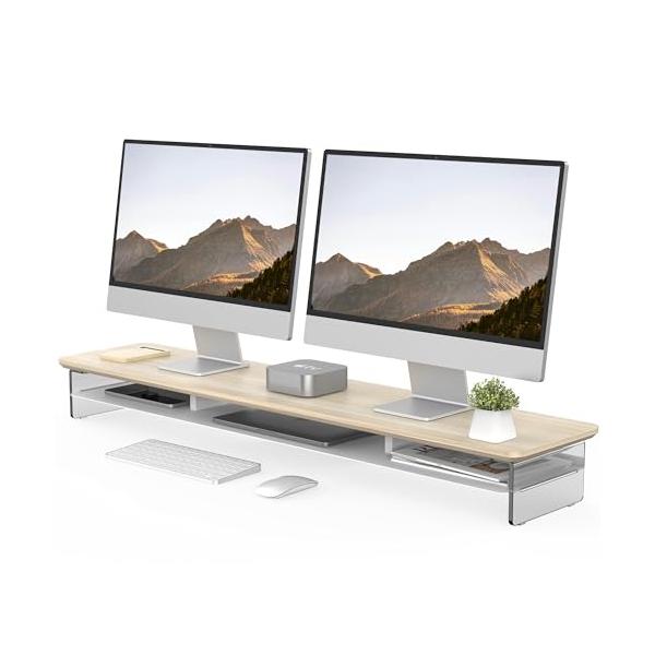 オーク/幅108cm/-・Color:オークSize:幅108cm・アクリルの脚・浮いている空間モニタースタンドの脚は、透明なアクリル板を採用しており、解放感があります。さらに、デスクトップに浮いているような感覚を与えます。特に夜にはLED...