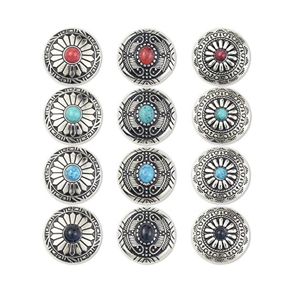 シルバー/-/-・コンチョボタン（フェザー、ワイルドハーツ、ウエスタンフラワー）の12個セットです。留め具としてネジを付属します。・材質：合金　　コンチョのサイズ：直径約30mm　　カラー：シルバー仕上げ（ターコイズブルー・コーラルレッド・...