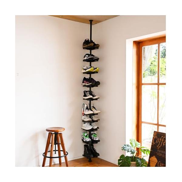 シューズ10段マットブラック/10段/WJ-321RM(MBK)・Color:マットブラックStyle:シューズ10段・パッケージ個数:1・タテのスペースを有効活用突っ張って設置するので場所をとらず、天井近くのデッドスペースまでタテの空間を...