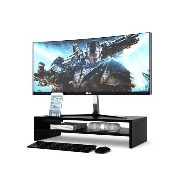 ブラック/540 x 255 x 142mm/-・Color:ブラックSize:540 x 255 x 142mm・プレミアム木製 デスク収納スタンド洗練されたマットブラック仕上げの木製モニタースタンド／PCスタンドが、デスク周りの美観と機...