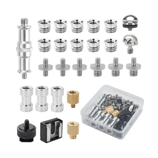 10種類・26点カメラネジセットパッケージに10種類のネジがあり、全部で26本です。1/4メス⇔3/8オススレッドネジ×10個、1/4オス⇔1/4オススレッドネジ×3個、1/4オス⇔3/8オススレッドネジ×3個、1/4メス⇔3/8メススレッ...
