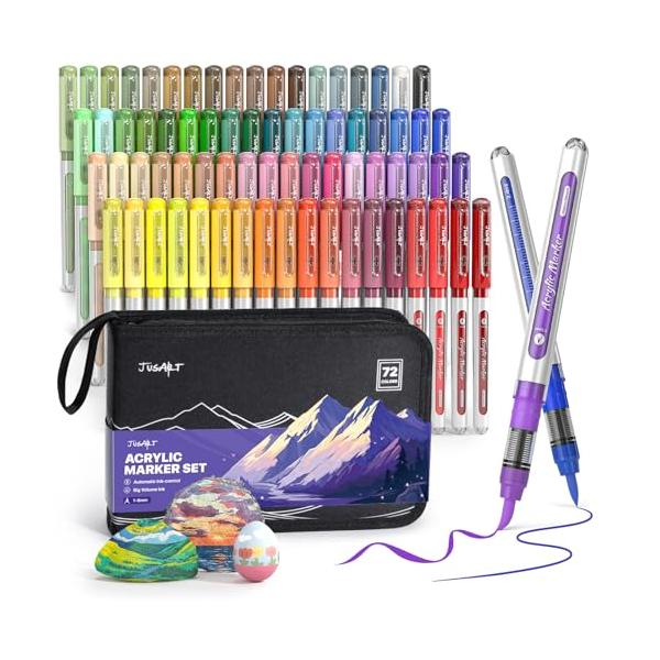 72色-キャンバスケース-/72 count (Pack of 1)/-・Style:72色-キャンバスケース・JusArt アクリルマーカーペン 72色セット 水性 キラキラ 太字 アクリル絵の具 大容量 イラスト 布/ガラス/プラ/石/...