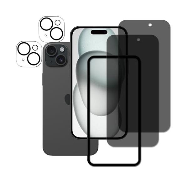 -/iphone15 FK/-・Size:iphone15 FK・対応機種-2+2枚入り iphone15 用 。ぞき見防止 機能 覗き見防止 ガラスフィルム+カメラフィルム (2枚) 特別なブラインド加工により、真正面から見ると高透過率（...