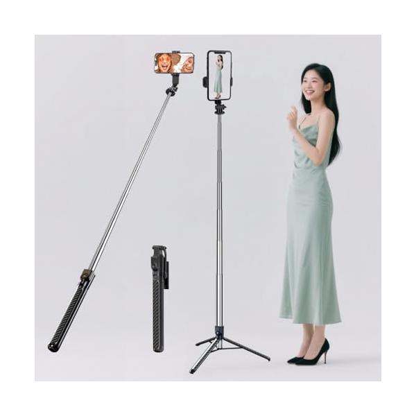 ブラック/-/-・Color:ブラック・パッケージ個数:1・自撮り棒＆三脚でさらに多機能  本製品は、7段階の伸縮構造を採用しており、最大で168cmまで伸ばすことができます。さらに、スマホホルダーとスマートフォンを装着した状態では、撮影時...