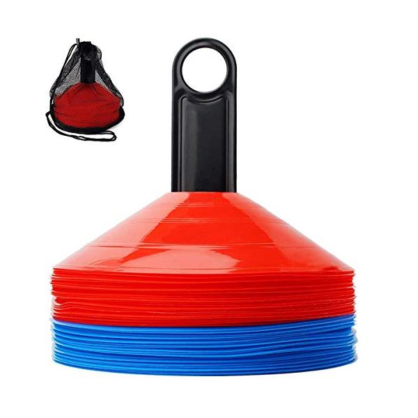 赤+青（25枚/色）/-/-・》》サッカーのトレーニングマークディスク、素材は柔らかくて。使いやすく、繰り返し使用でき、長持ちします。足を踏まれたり、サッカーボールにぶつかったりしても破裂することはありません。サッカーボールのトレーニングの...