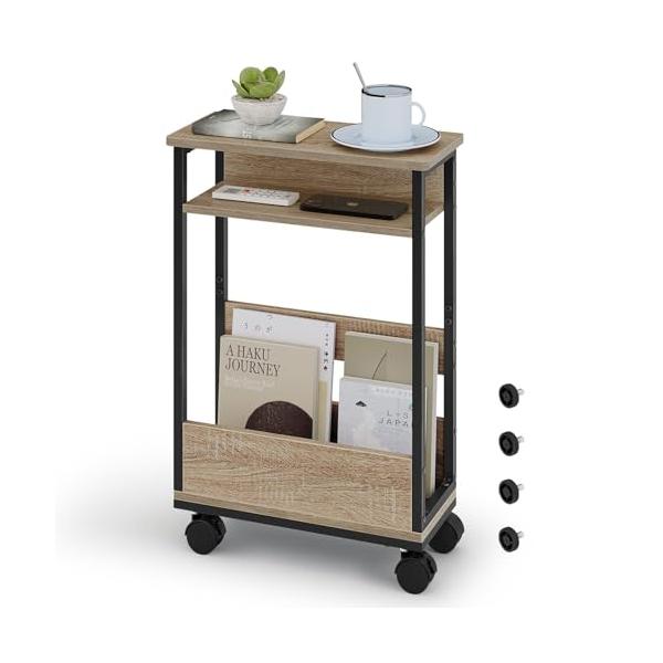 ミニマリストオーク/小型/WOWQ・Color:オーク・キャスター付きのベッド横スリムサイドテーブルサイズ：幅40cm;奥行き18cm;高さ55~59.5cmで重量：約4kg。耐荷重:約60kg。素材:スチール製 (フレーム)+高密度MDF...