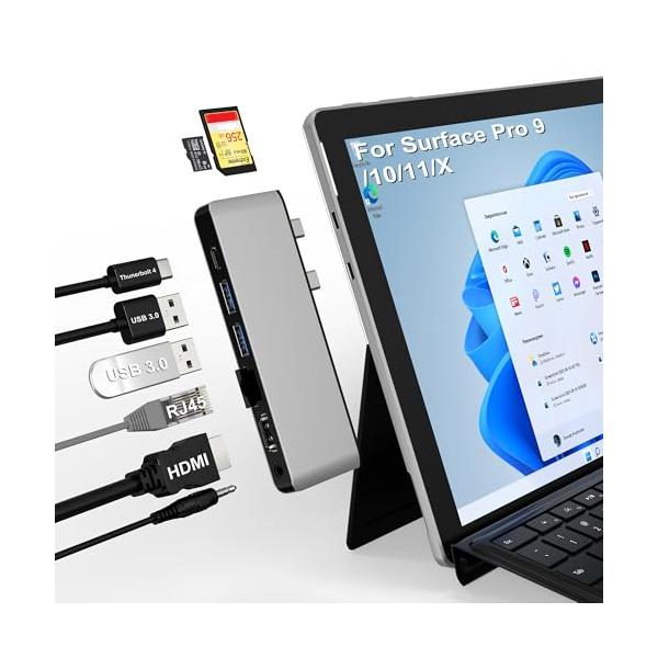 Surface Pro 9/X ハブ （RJ45）/-/-・最新型 Surface Pro 9/10/11/X 専用USB ハブMicrosoft Surface Pro 9/10/11/X用に特別に開発され、2つのUSB-C接続を8ポート...