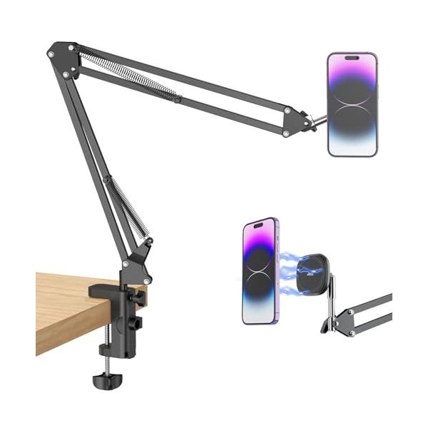 回転スマホ用（Magsafe）/-/103AA9・Color:スマホ用（Magsafe）・マグネット式アームスタンドMagSafe対応15N強力なマグネット式スタンド、従来のクリップ式スタンドのようにクリップを開く面倒な取付けは必要ないため...