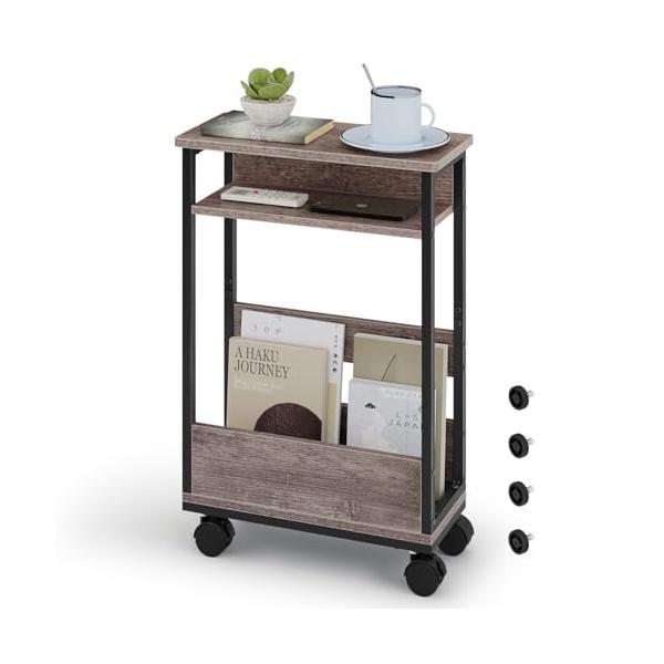 灰茶色/小型/WOWQ・Color:灰茶色・ベッド横 キャスター付きのスリムサイドテーブルサイズ：幅40cm;奥行き18cm;高さ55~59.5cmで重量：約4kg。耐荷重:約60kg。素材:スチール製 (フレーム)+高密度MDF木板。※日...