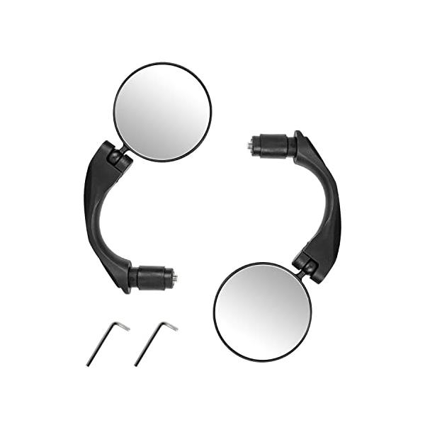商品仕様バックミラー2個組：ミラー部分以外の素材には、ポリカーボネート・abs樹脂で作られ衝撃にも強く、優れた耐久性を持っています。ハンドル部取り付け内径17.4〜22mm。取り付け用5mm六角レンチ2本付属。 角度を調整後、ネジを本締めて...