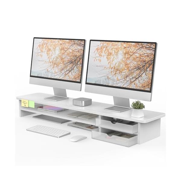 ホワイト/108cm/G04K210-MAIN・Color:ホワイト・??便利な大容量収納・卓上をすっきりにモニター台は2段引き出し式でモノを種類ごとに仕切りで収納できます。左(右)側は使いやすいオープン式でスマホやタブレットはもちろん、 ...