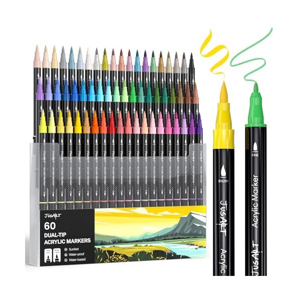 プラスチックケース。60色/-/JABXMKB005・Color:60色・パッケージ個数:1・??筆ペン/細字先両端 アクリルペン 1〜5mmの筆ペンニブと1mmの極細ニブ付き。細い線から広い塗りつぶしまで自由自在に表現。繊細なアウトライン...