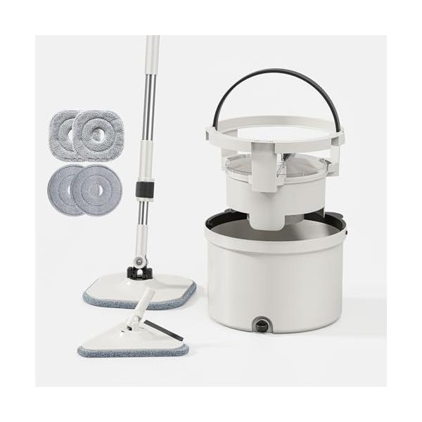 ホワイト/替えモップ4枚＋三角クリーナーセット/CW003-4・Size:替えモップ4枚＋三角クリーナーセット・汚水分離＆大容量設計 デュアルバケットで清潔な水と汚水を完全分離！1.9L大容量清水タンクにより、2LDKの広さを3回連続清掃。...