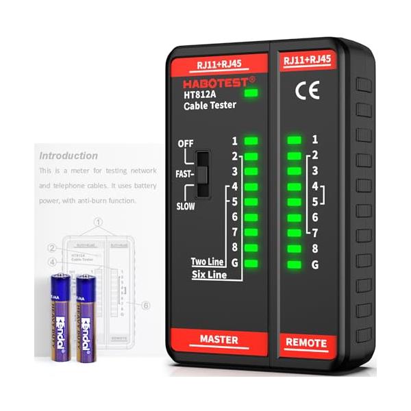 黒/電池あり/HT812A・Size:電池あり・分離型構造で簡単操作：lanチェッカーは親機・子機を分離できるスライド式デザインを採用。ケーブルの導通・断線・誤配線・接地状態を一目で確認できます。子機を取り外せば、最大300mまでの遠距離テ...