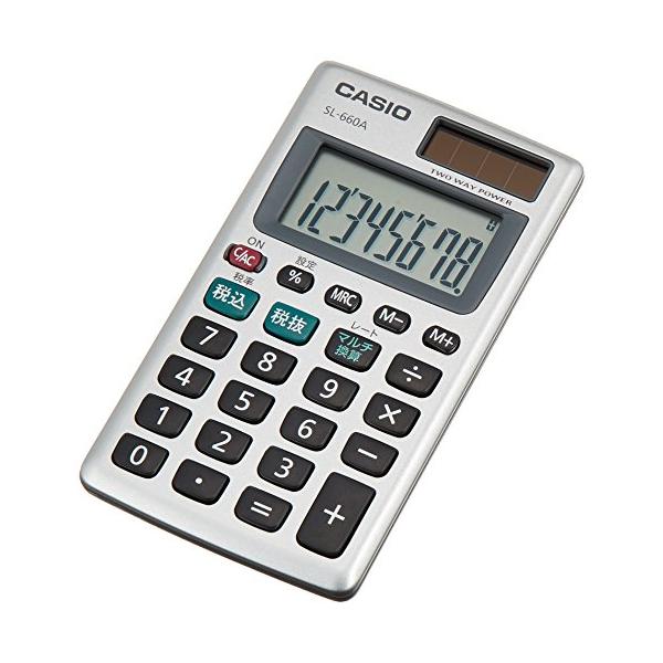 電卓シルバー/57x102x6.9mm/SL660AN・パッケージ個数:1・製品型番:SL-660A-N・サイズ:57x102x6.9mm・マルチ換算機能付き電卓・税計算機能付き・持ち運びに便利な折りたたみ手帳型