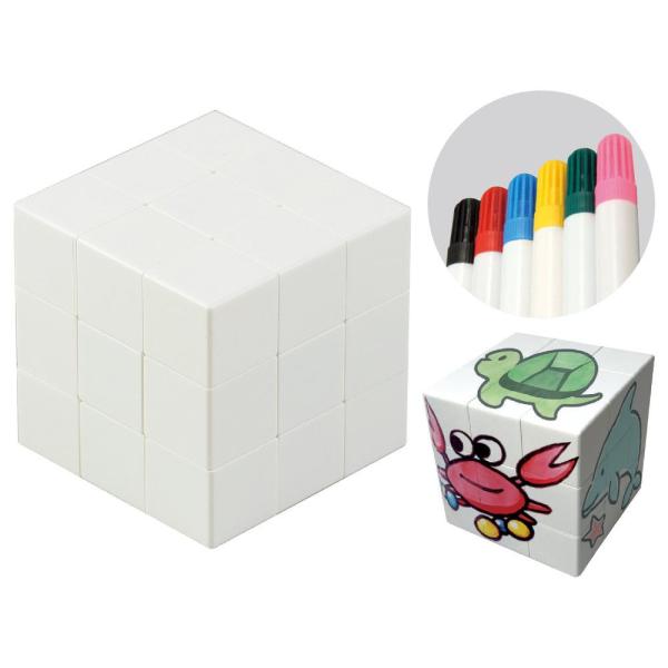 オリジナルキューブパズルをつくろう！　　白い3×3キューブに自由に絵を描けるパズルキットです。付属の6色マーカーを使えば、キャラクターや模様など思いのままにデザインできます。完成後はパズルとして遊べるため、工作と遊びの両方が楽しめます。プレ...