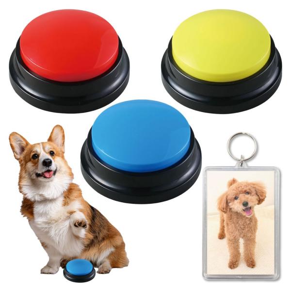 押して伝える、ペットとの新しい会話！ボタンひとつで、あなたの声をペットへ！　　【詳細】　セット内容：コミュニケーションボタン（赤・青・黄）×1、うちの子キーホルダー×1　商品サイズ：コミュニケーションボタン：約φ80×40mm、うちの子キー...
