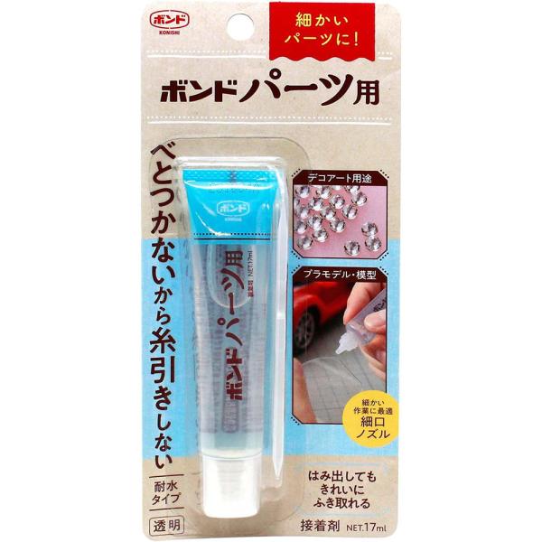 【特長】　○糸引きしにくく作業がしやすい　○透明　○細口ノズルで細かい作業に最適　　【用途】　パーツ・ラインストーンなどの接着　デコアート/プラモデル・模型　など　　【詳細】　・サイズ：W80×D20×H175 　・NET：17 mL　・材...