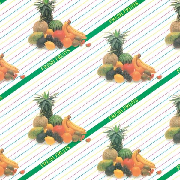 フルーツの写真が印刷された果物の贈答に最適な包みやすい包装紙。　紙寸法:530×760mm。上質系用紙使用。紙厚:52.3g/m2。　　生産国:日本　