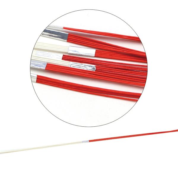 白色と赤色のシンプルな5本元締めの水引です。　御祝事全般に幅広く使える定番タイプで、冠婚祭に最適です。　5本元締め（貼止め）仕上げです。　　【詳細】　入り数：100本包装　サイズ：全長750mm　材質：和紙　